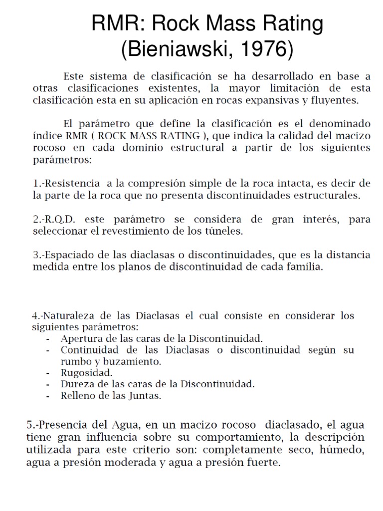 RMR: Rock Mass Rating (Bieniawski, 1976)