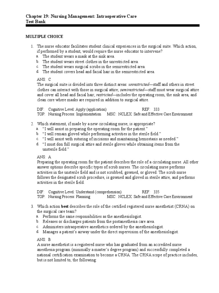 Intraoperative Nursing Management Test Bank | PDF | Anesthesia | Surgery