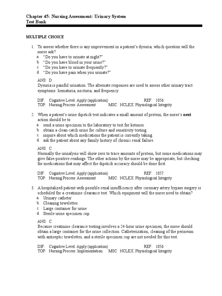 Assessing the Urinary System: A Test Bank of Multiple Choice Questions ...