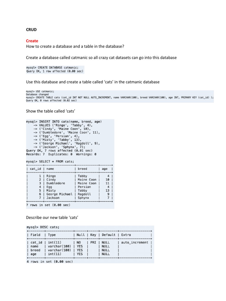 CRUD Operations for Cat Database | PDF | Table (Database) | Databases