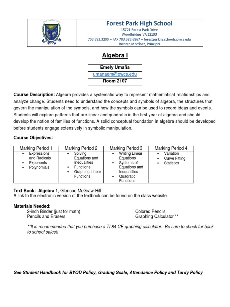 Algebra 1 Syllabus | PDF | Algebra | Quiz
