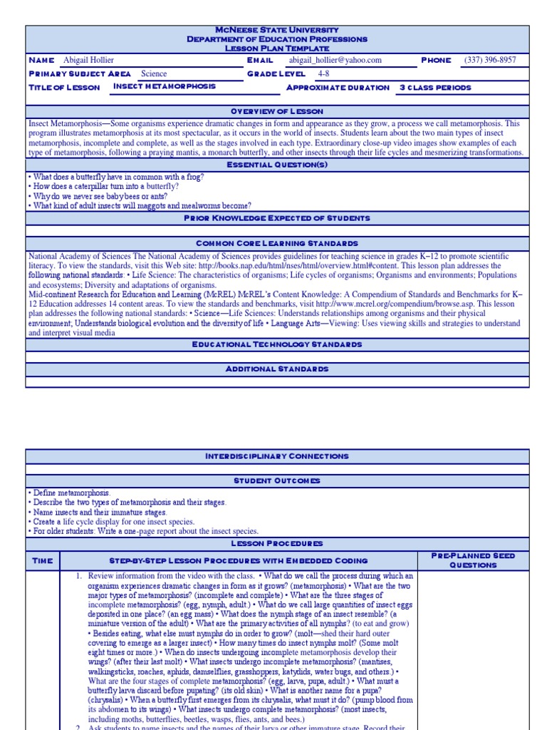Metamorphosis Lesson Plan Abigail Hollier | PDF | Pupa | Insects