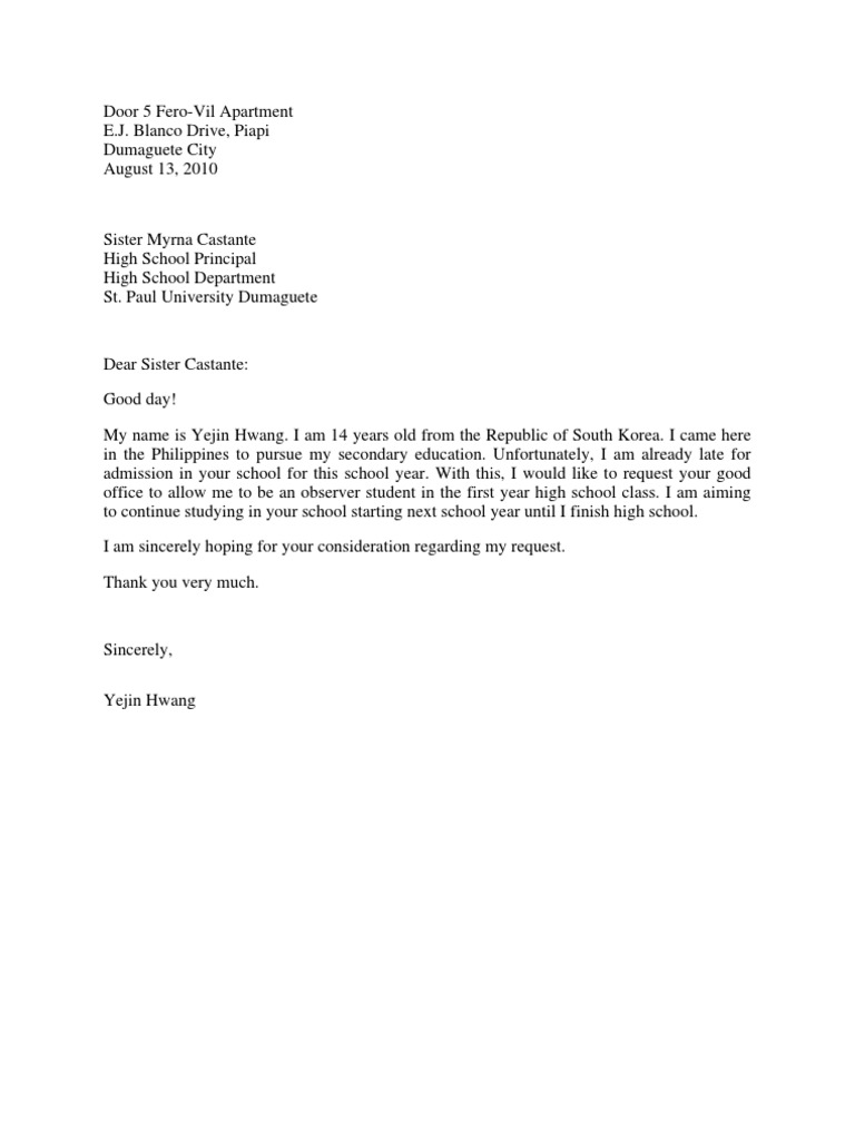 Sample Observer Student Request Letter | PDF | Wellness