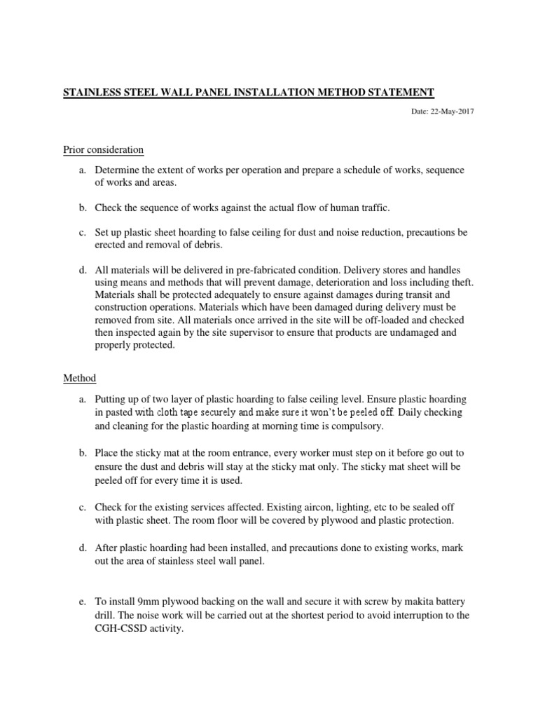 Stainless Steel Wall Cladding Method Statement | PDF | Industries | Building Engineering