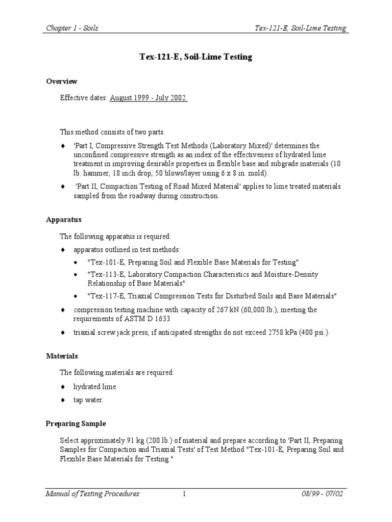 Chapter 1 - Soils Tex-121-E, Soil-Lime Testing | PDF | Ph | Soil