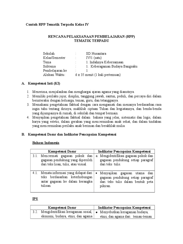 Contoh RPP Tematik Terpadu Kelas IV (Baru) | PDF