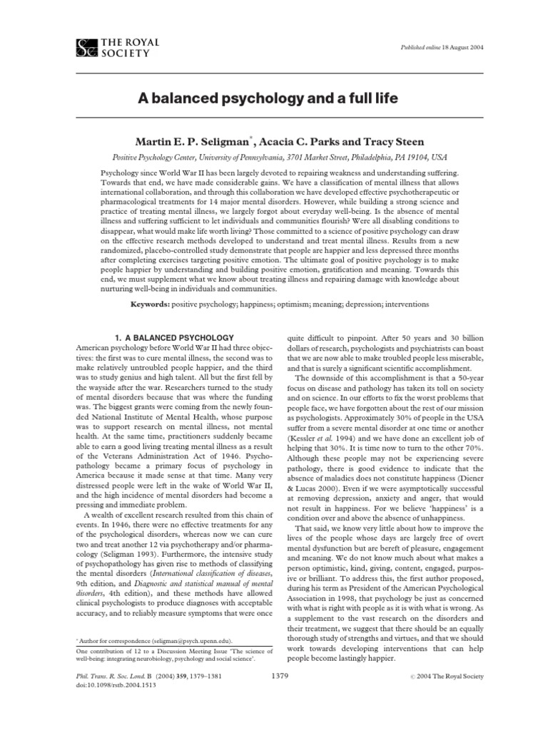 Balanced Psychology Article Seligman 2004 | Positive Psychology ...