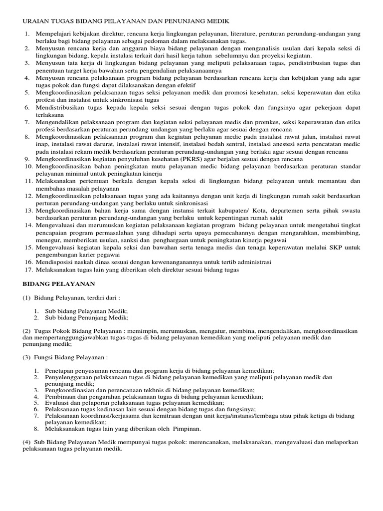 Uraian Tugas Bidang Pelayanan Dan Penunjang Medik | PDF