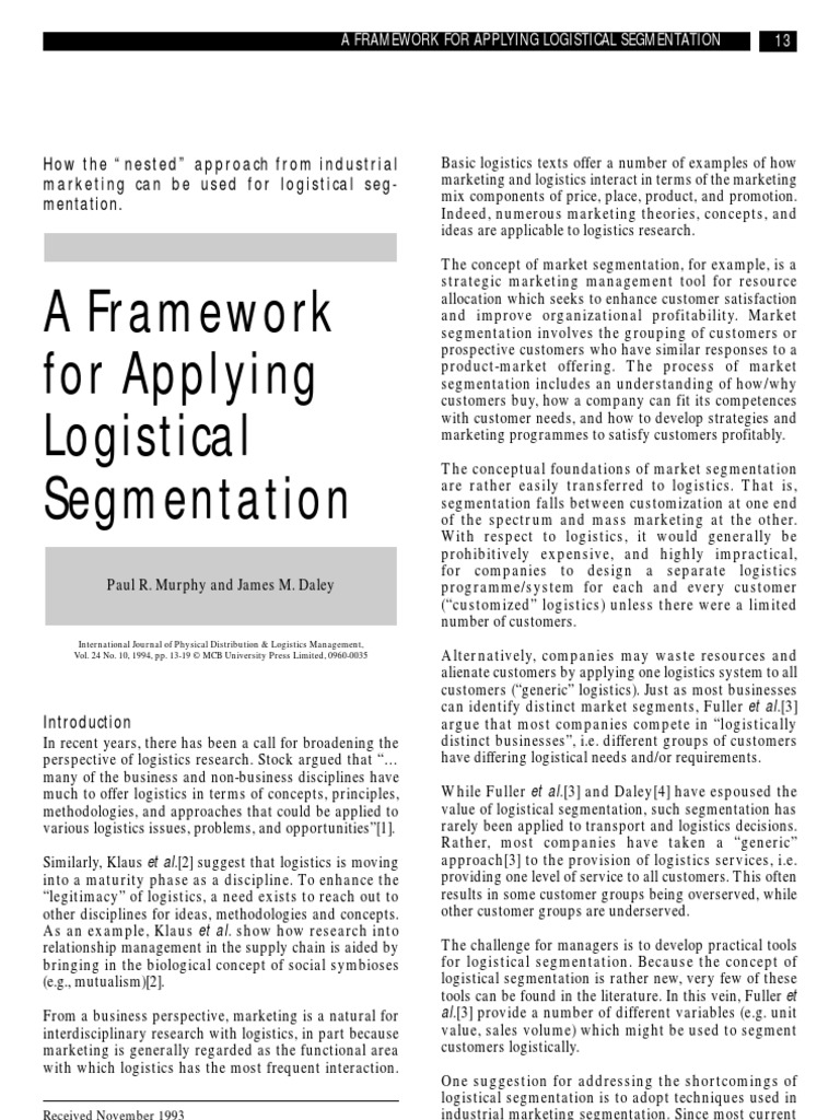 A A Framework For Applying Logistical Segmentation | PDF | Market ...