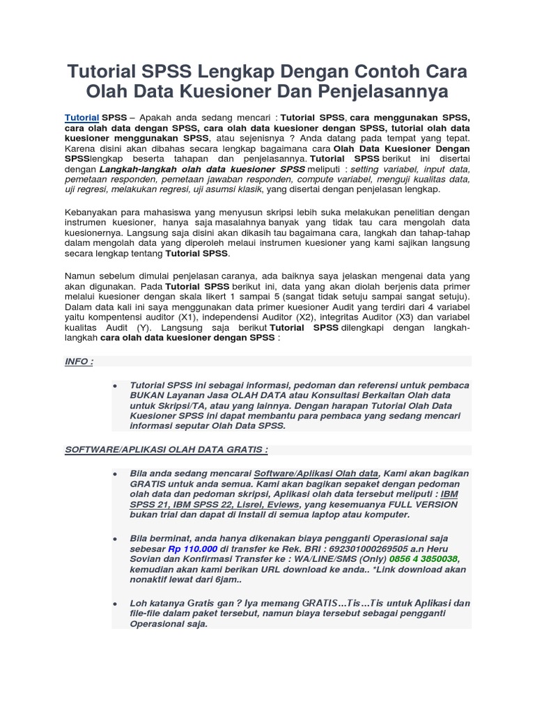 Tutorial SPSS Lengkap Dengan Contoh Cara Olah Data Kuesioner Dan Penjelasannya | PDF