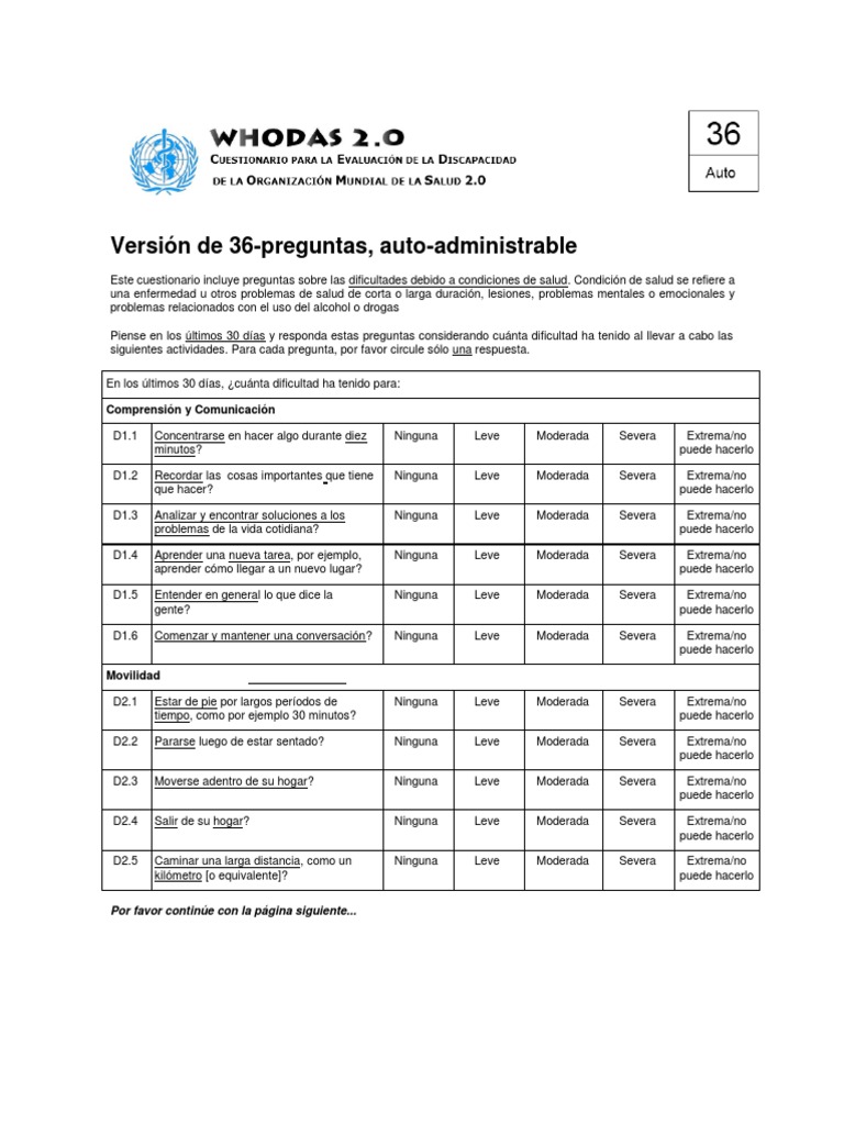 Whodas 2.0 Auto-Administrable | PDF | Bienestar | Medicina