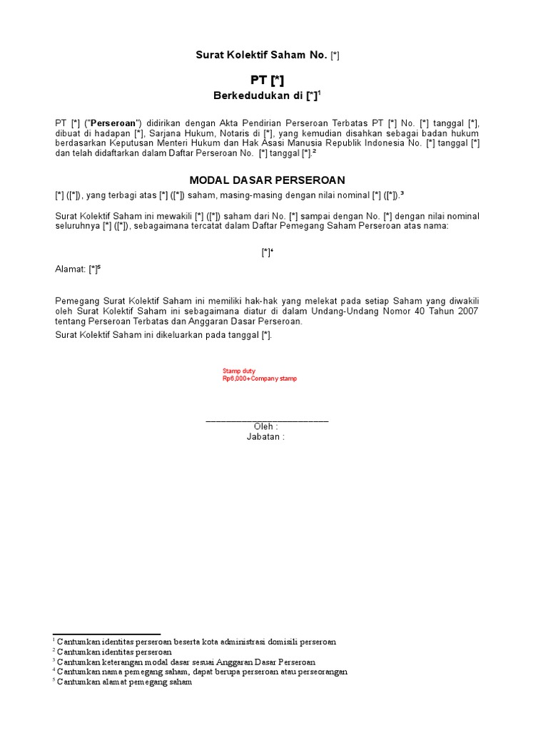 Surat Kolektif Saham PT [*] | PDF