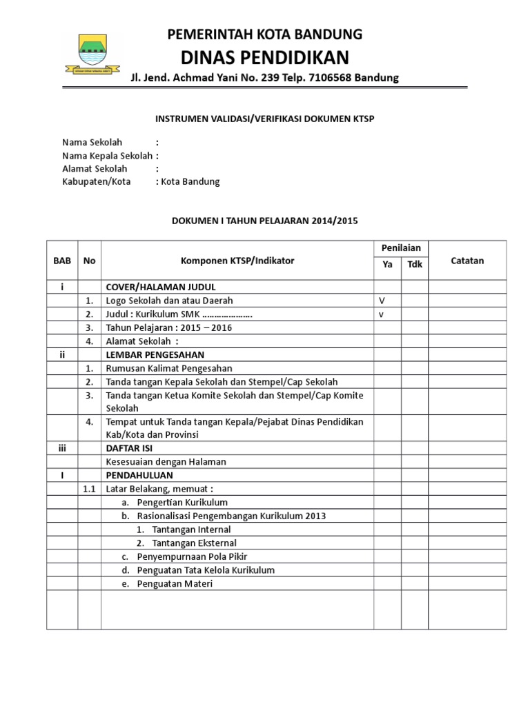 Instrumen Validasi Dokumen KTSP | PDF