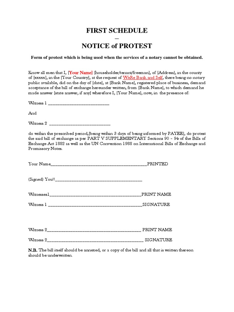 First Schedule - Notice of Protest: Form of Protest Which Is Being Used ...