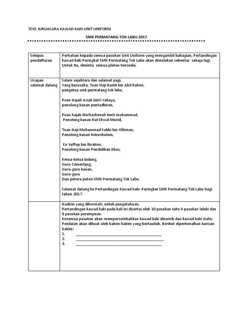 Teks Juruacara Kawad Kaki Unit Uniform | PDF