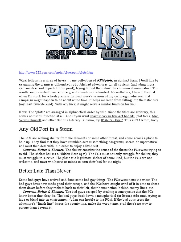 RPG Adventure Plot Ideas | PDF | Prison | Leisure