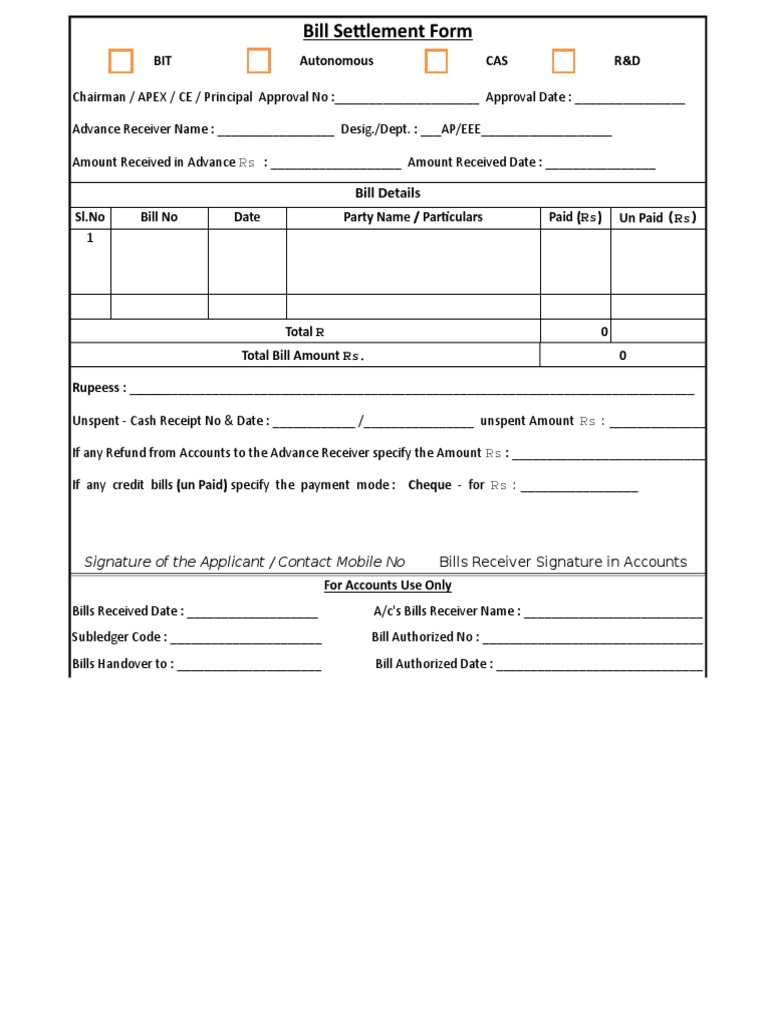 Bill Settlement Form | PDF | Payments | Cheque