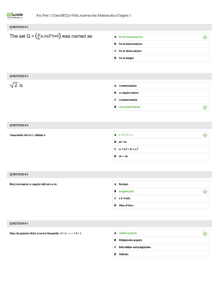FSC Part 1 Class MCQs With Answers For Mathematics Chapter 1 | PDF ...