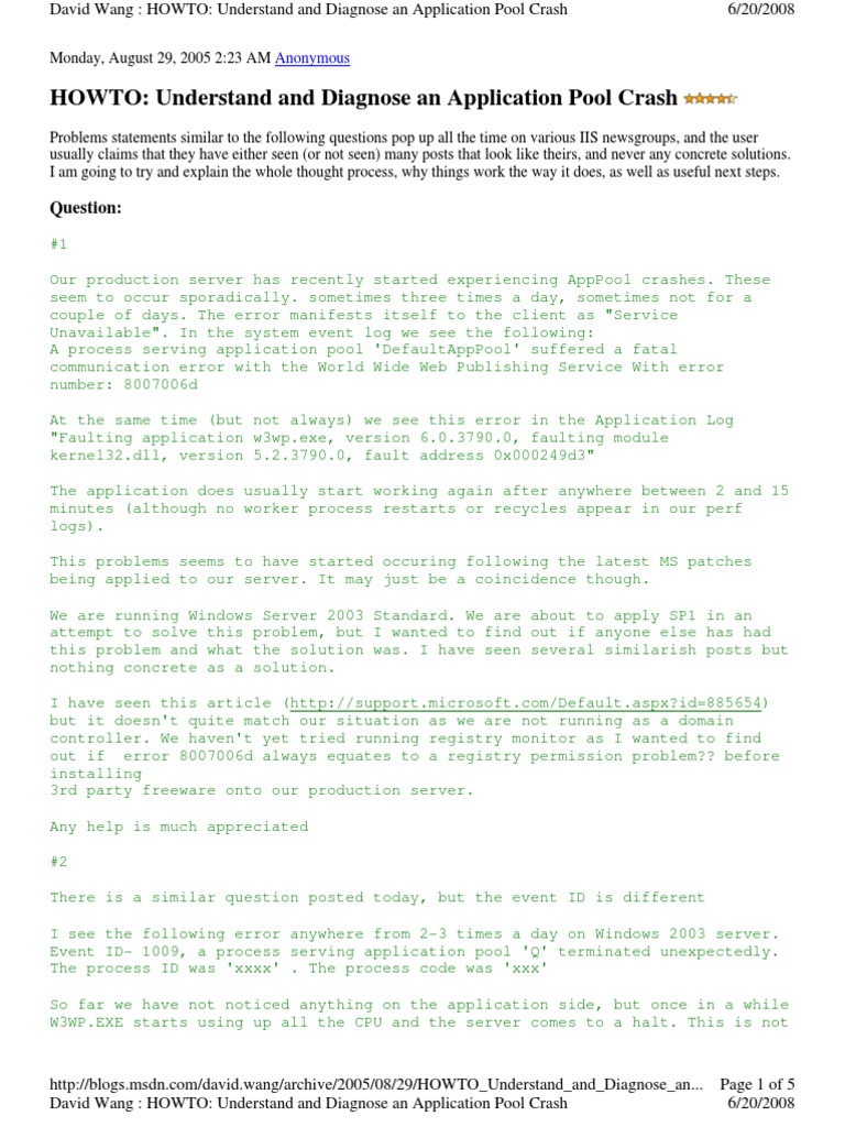 Understand and Diagnose An Application Pool Crash | PDF | Software Bug ...