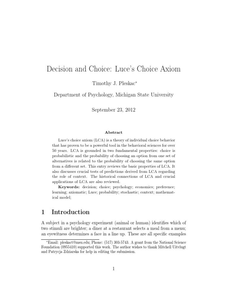 Decision and Choice Luce's Choice Axiom PDF | PDF | Logistic Regression ...