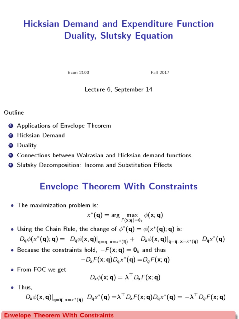 Lecture - 06 Hicksian Demand and Expenditure Function | PDF | Price Elasticity Of Demand | Utility