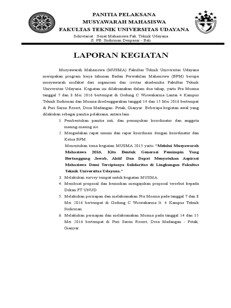 Laporan Kegiatan MUSMA 2016 | PDF | Karier & Perkembangan