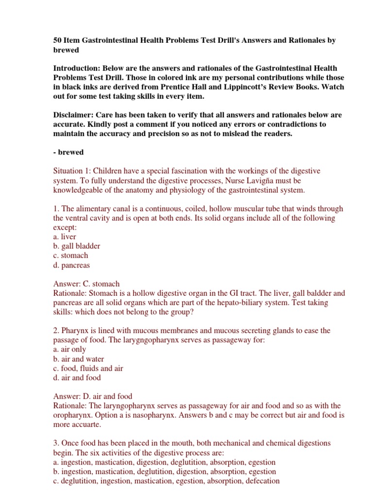 Gastrointestinal Health Test Answers | PDF | Digestion ...