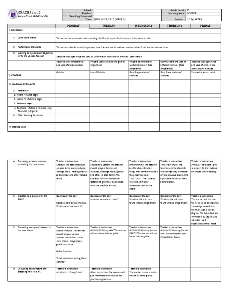 DLL - Science 6 - Q1 - W3 | PDF | Learning | Teachers