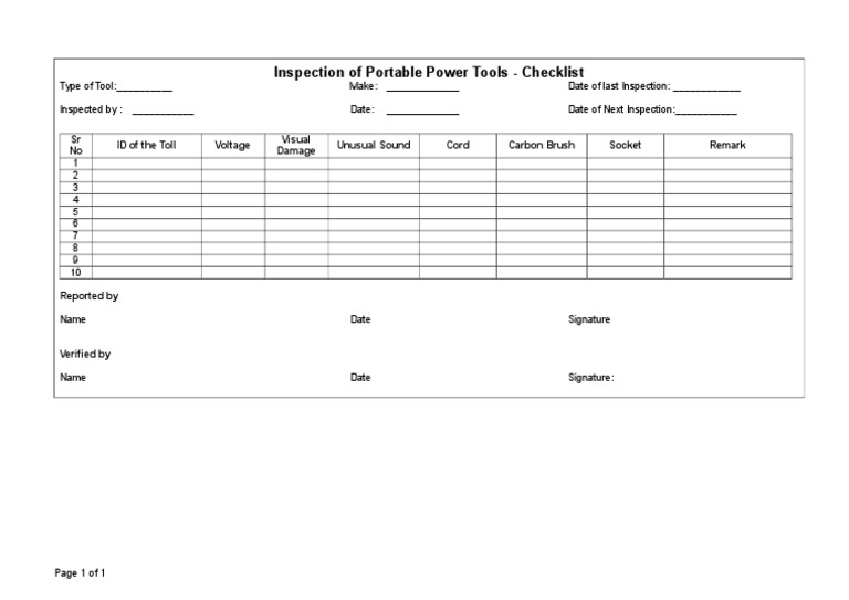 PIP-OAR-HSE-CL12 Inspection of Portable Power Tools - Checklist