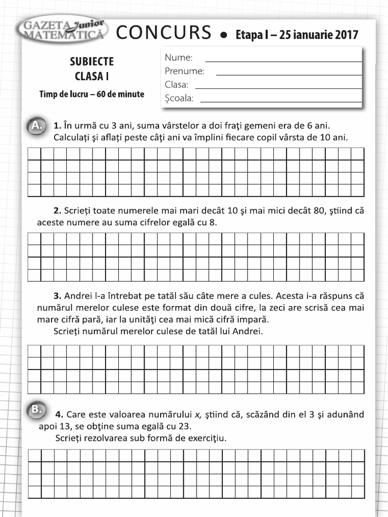 Subiecte Concurs GMJ - Etapa I - 25 Ian - Clasa 1 | PDF
