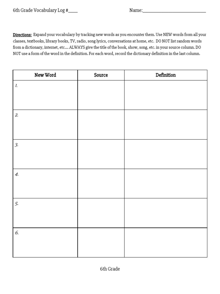 6th Grade Vocabulary Log # - Name | PDF
