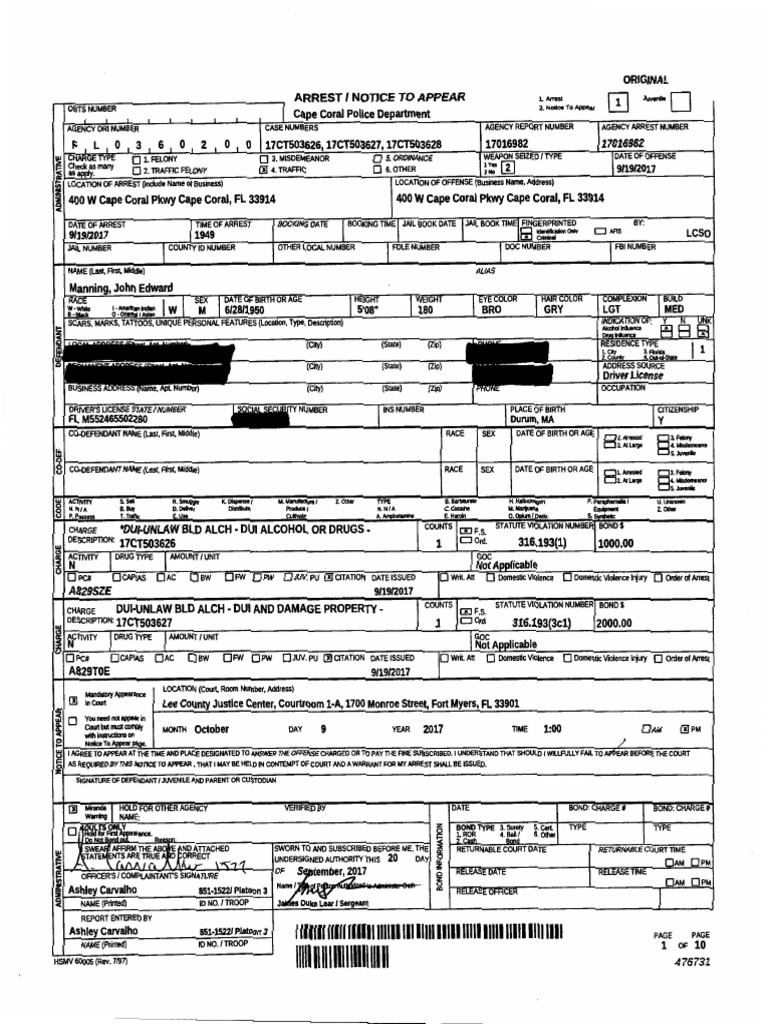 John Manning DUI Arrest Report | PDF | Driving Under The Influence | Foot