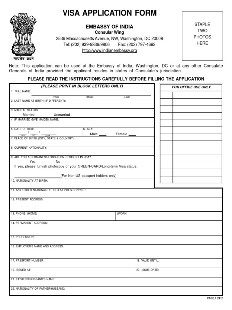 Indian Visa Application Form Diplomatic Official PDF | PDF | Travel ...