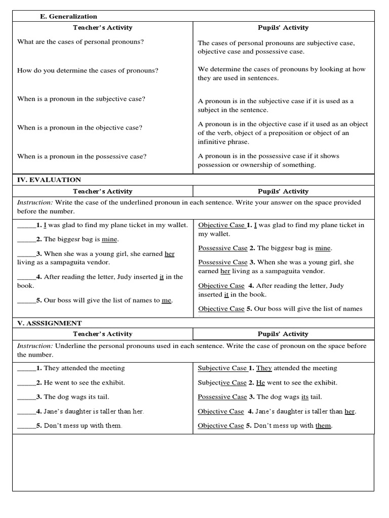 Lesson Plan in English Cases of Personal Pronouns | PDF | Pronoun | Verb