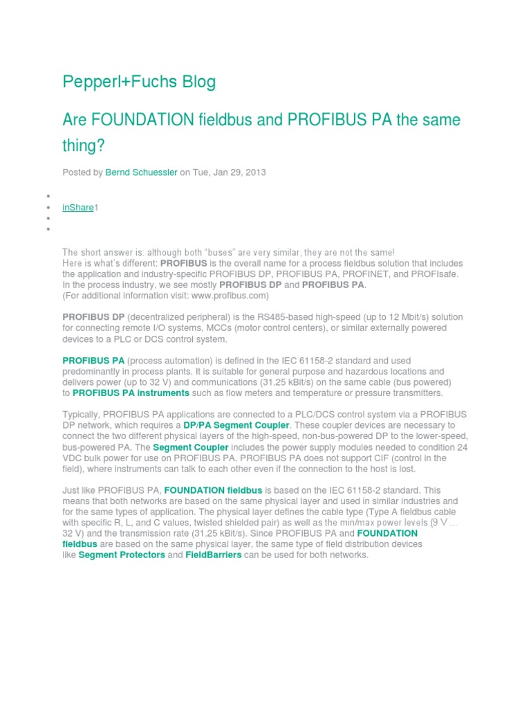 FOUNDATION Fieldbus vs. PROFIBUS PA | PDF | Automation | Control ...