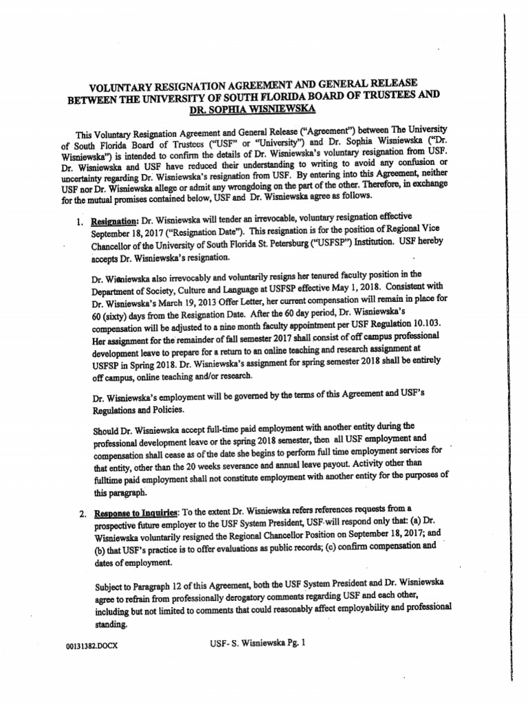 Voluntary Resignation Agreement and General Release B-W USF BOT and Dr ...