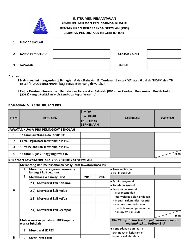 Instrumen Pengurusan Dan Penjaminan Kualiti Pbs | PDF
