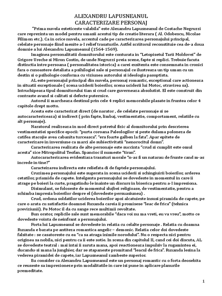 Alexandru Lapusneanul Caracterizare Personaj | PDF