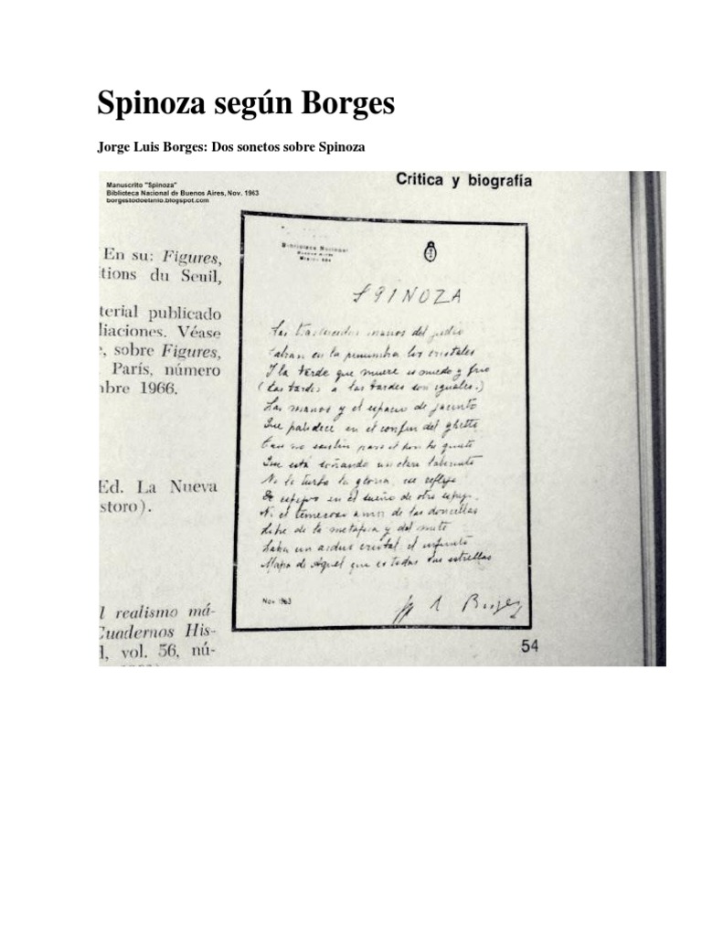 Borges, Jorge Luis - Baruj Spinoza (Dos Sonetos y Una Conferencia) | PDF | Baruch Spinoza ...