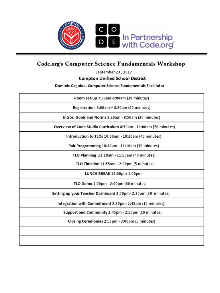 Code.org CS Fundamentals Workshop Agenda | PDF