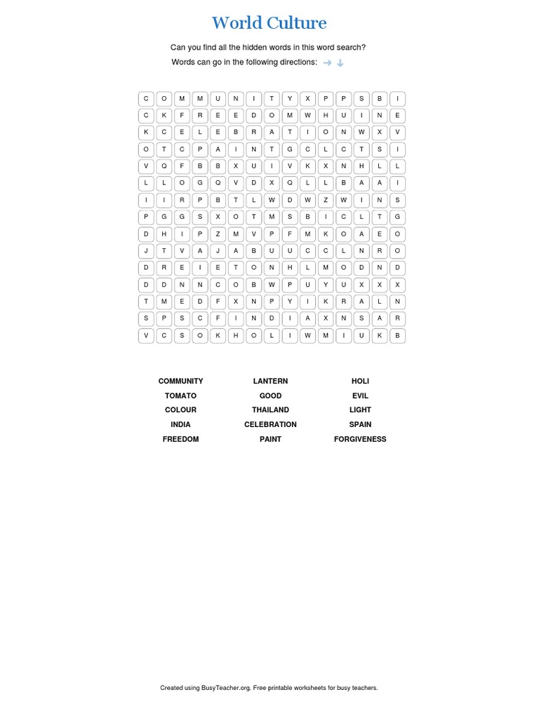 World Culture Wordsearch | PDF | Word Puzzles | Puzzles