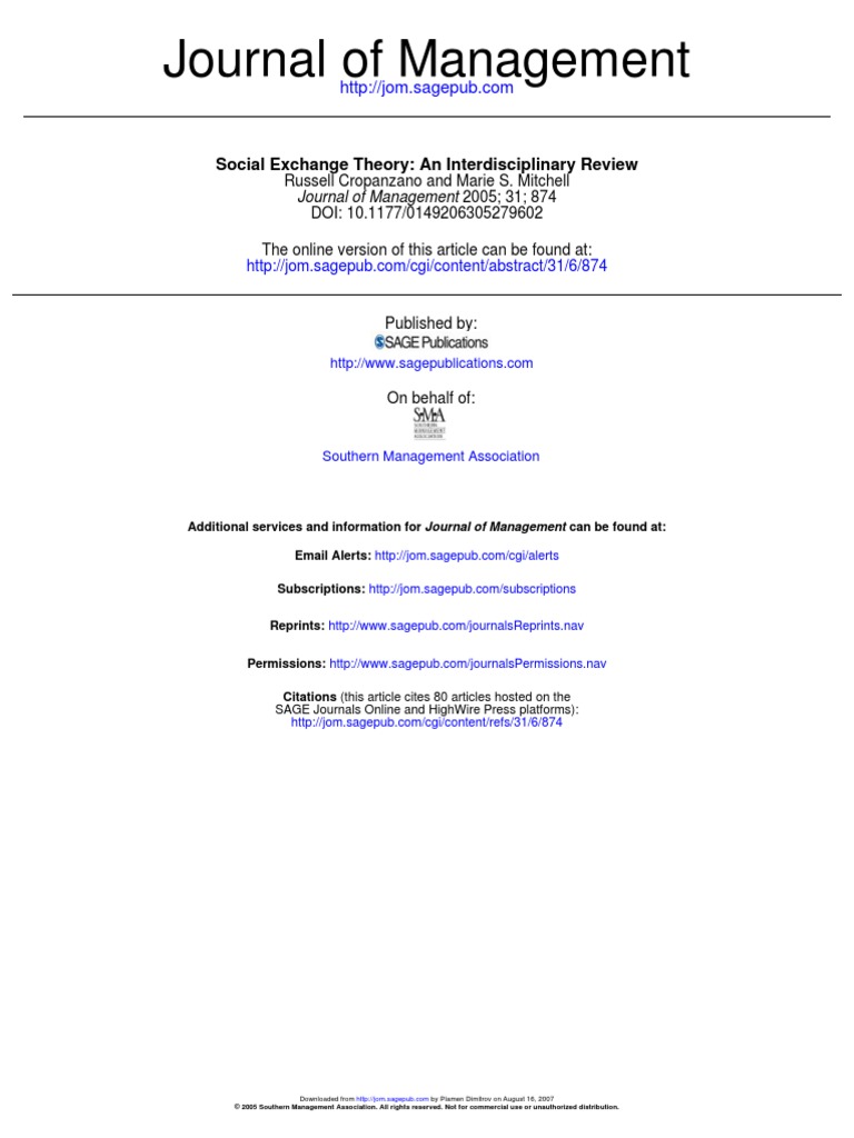 Cropanzano, Mitchell - Social Exchange Theory PDF | PDF | Psychological ...