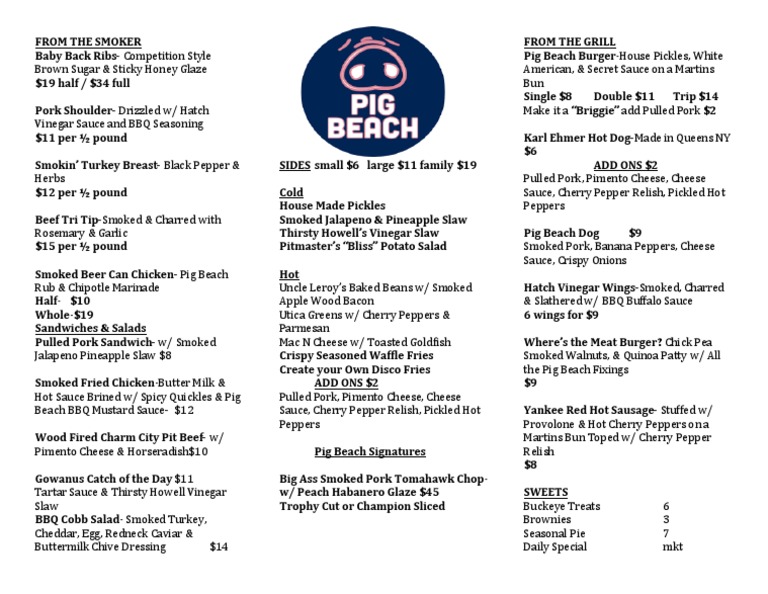 Pig Beach BBQ Menu Highlights | PDF