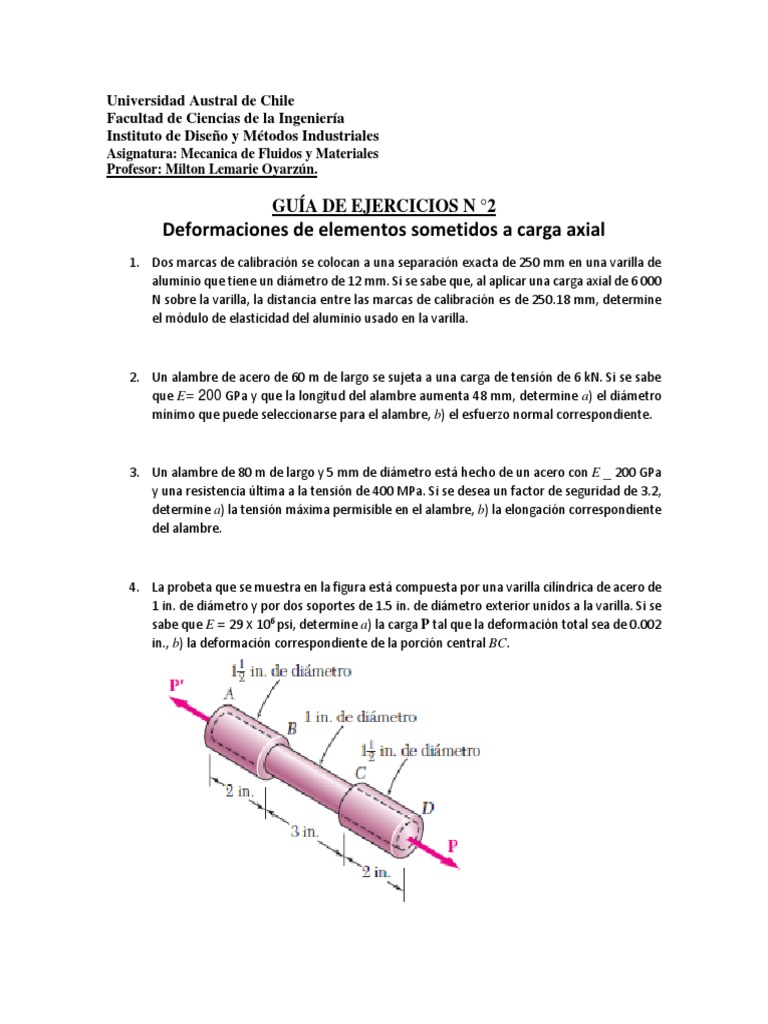 Guía de ejercicios sobre deformaciones y tensiones en elementos sometidos a carga axial y ...
