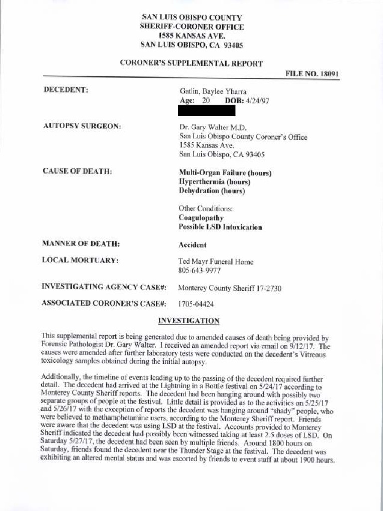 Amended Coroner's Report For Baylee Gatlin | PDF