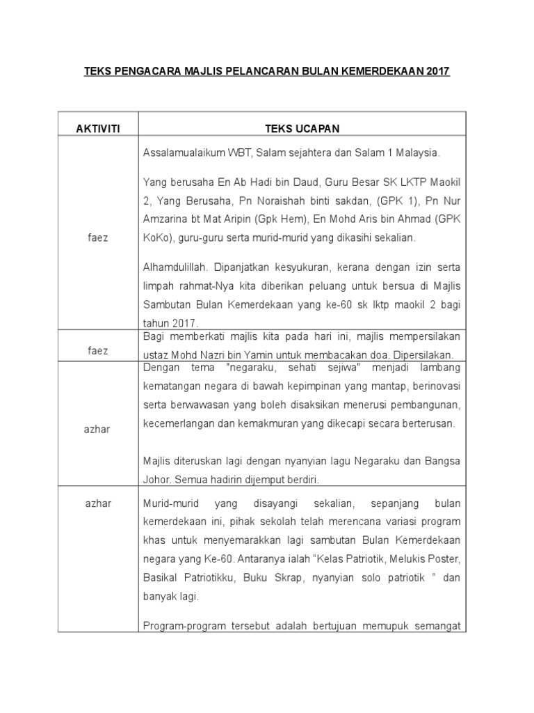 Teks Pengacara Majlis Pelancaran Bulan Kemerdekaan Docxs | PDF Teks Pengacara Majlis Pelancaran Bulan Kemerdekaan Docxs | PDF