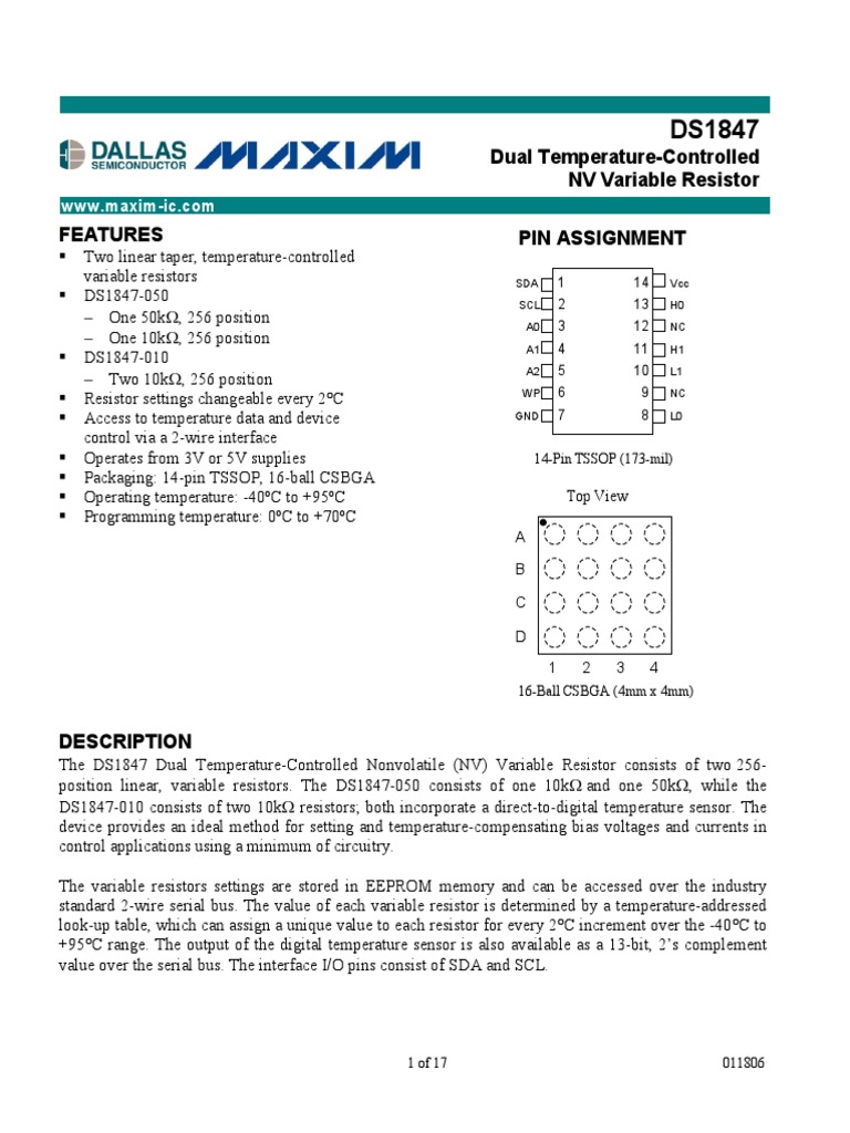 DS1847 Dual Temperature-Controlled NV Variable Resistor I2C PDF ...