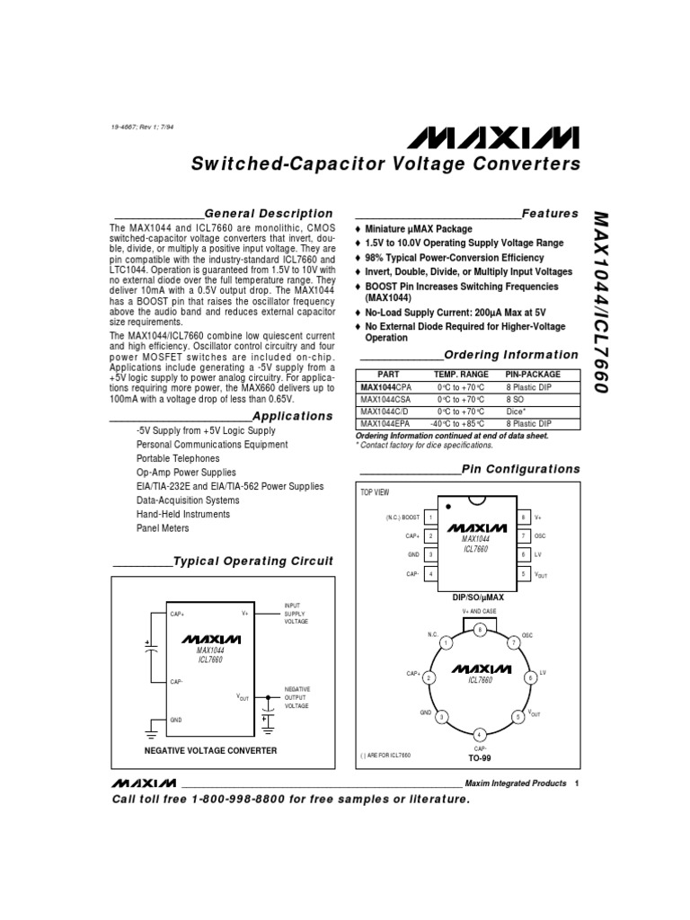 ICL7660-MAX1044 Switched-Capacitor Voltage Converters PDF | PDF ...