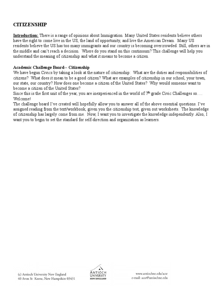 1718 Ci U1 Citizenship Challenge Rubric 1 | PDF | Citizenship Of The ...