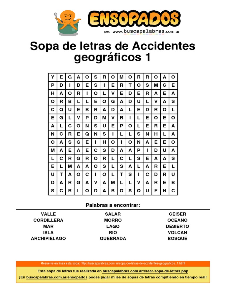 Sopa de Letras de Accidentes Geográficos 1 | PDF